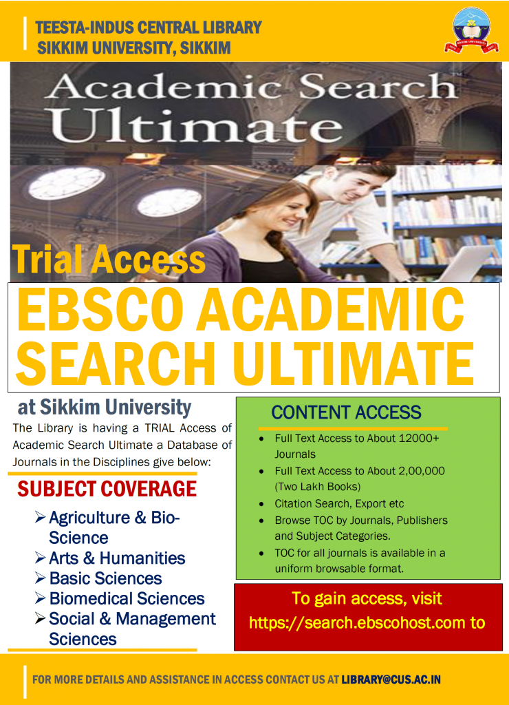 TRIAL ACCESS of EBSCO Academic Search Ultimate – Teesta-Indus Central Library
